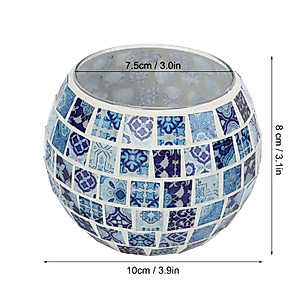 Blue and White Mosaic Candleholder, Glass Votive Candle Holders Round Bowl Tealight Holders Potted Plant Bowl Vase Candlestick Holder Table Centerpieces