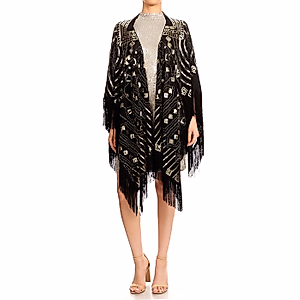 Anna-Kaci Womens Oversized Gatsby Hand Beaded Fringed Sequin Evening Shawl Wrap, Black+Gold, Onesize