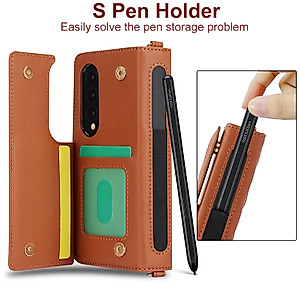 Compatible with Samsung Galaxy Z Fold 5 5G Wallet Case, Luxury Fashion PU Leather Case with S Pen Holder Card Holder Pocket Crossbody Lanyard Wrist Strap Kickstand, Phone Case for Women Girls Brown