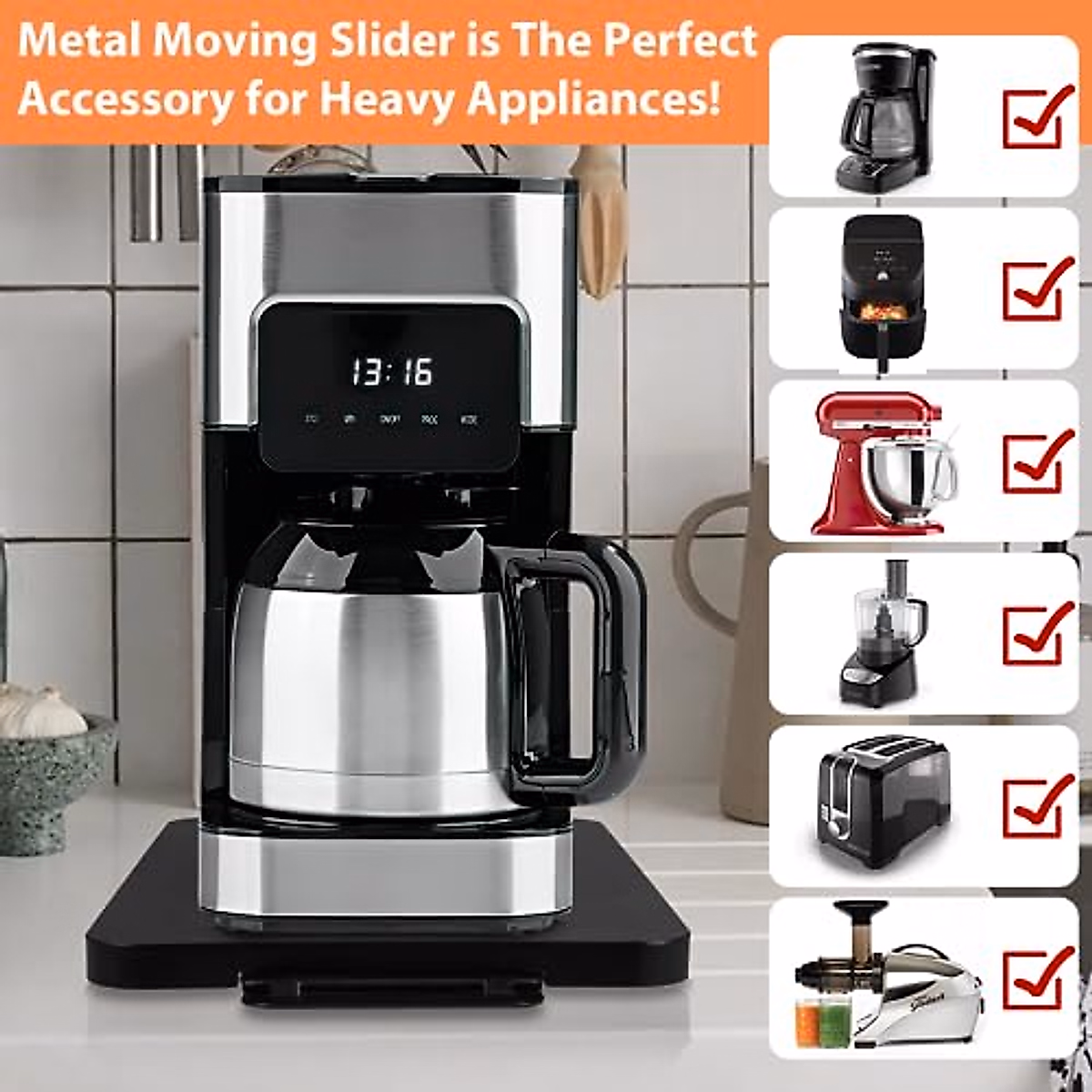 Sliding Tray for Coffee Maker Slider - Coffee Pot Sliders for Counter Heavy Kitchen Appliances, Under Cabinet Rolling Appliance Tray for Countertop Storage Moving with Wheels 9" X 14.5"