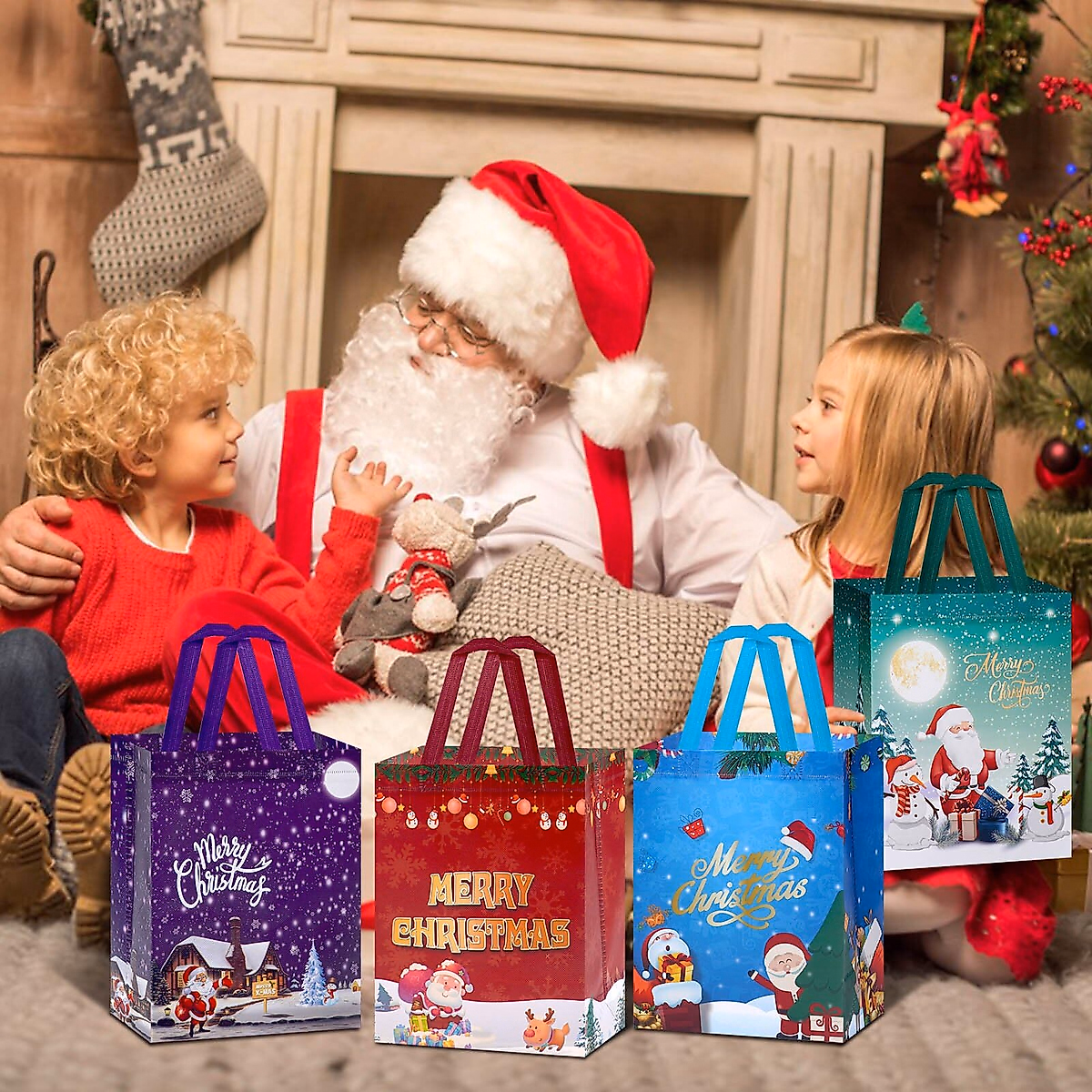 Christmas Gift Bags Medium Size - Set of 16 Christmas Bags with Handles Reusable Non-Woven Tote Bags Holiday Gift Bags, Party Favor Bags, Reusable Gift Bags, Medium Gift Bags - 8.3X4.7X10.2in