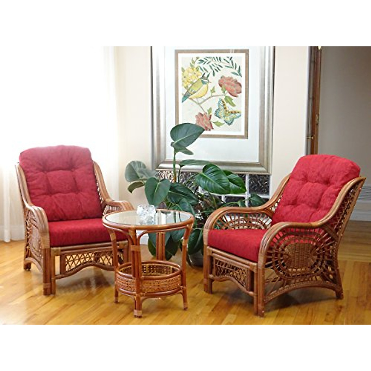 Malibu Lounge Living Accent Armchair Natural Rattan Wicker Handmade Design with Red Cushion, Colonial