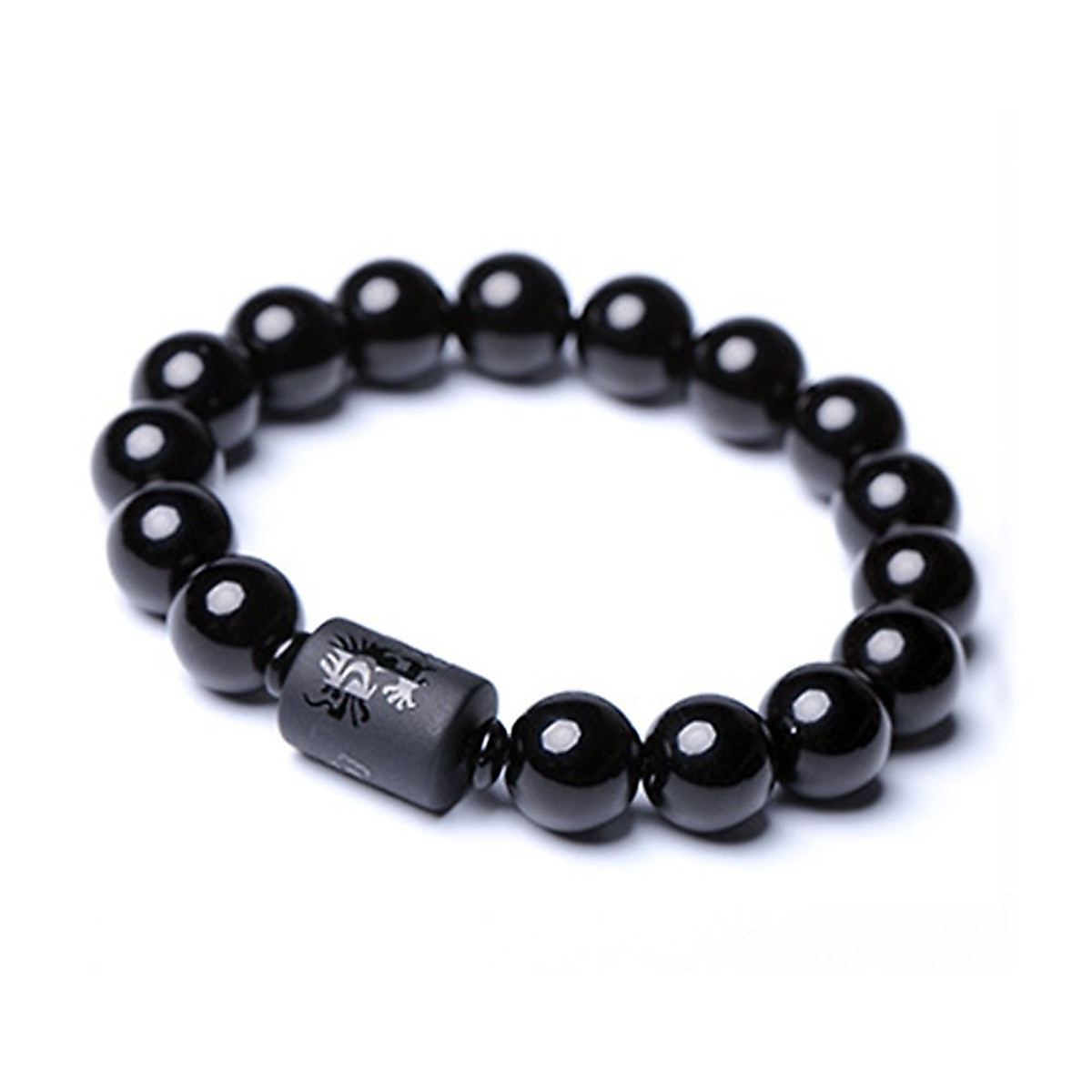 SX Commerce Natural Obsidian Stone Bead Bracelet Couple Men 10mm and Women 8mm Dragon and Phoenix Totem Jewelry (Dragon)