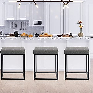 ALPHA HOME 24" Conter Stools Bar Stools Set of 3 with Footrest Pu Leather Backless Kitchen Island Chair with Thick Cushion & Sturdy Chromed Metal Steel Frame Base,Grey,3pcs.A36