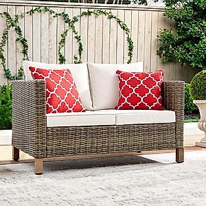 Outdoor PE Wicker Loveseat Sofa, All Weather 2 Seater Small Patio Sofa with Anti-Slip Cushions, Rattan Loveseat Couch Outdoor Furniture for Backyard,Garden,Porch, Beige