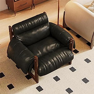 TXFTRR Black Leather Accent Chair, Cozy Reading Nook Chair with Upholstered Backrest and Adjustable Cushion Angle, Leather Arm Chair with Wood Frame, Mid Century Accent Chair for Living Room