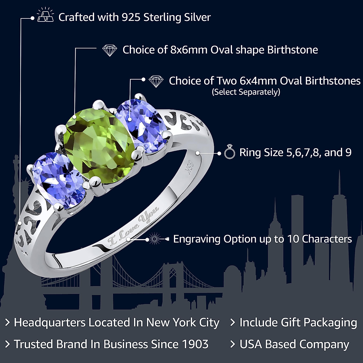 Gem Stone King 925 Sterling Silver Customized and Personalized Engagement Promise 3 Gemstone Birthstone Name Engraved Couple Mother's Ring For Women (Size 8)