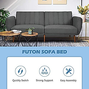 POWERSTONE Futon Sofa Bed - Convertible Sofa Couch Sleeper with Armrest and Wood Legs Foam Cushion Living Room Furniture Home Recliner 82.5”, Grey