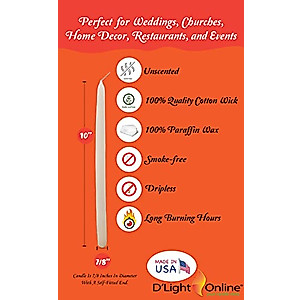 D'light Online 10" Elegant Cream Ivory Taper Premium Quality Candles, Hand-Dipped, Dripless, Smokeless and Unwrapped Bulk Pack for Events - Set of 12 (10 Inch, Ivory)