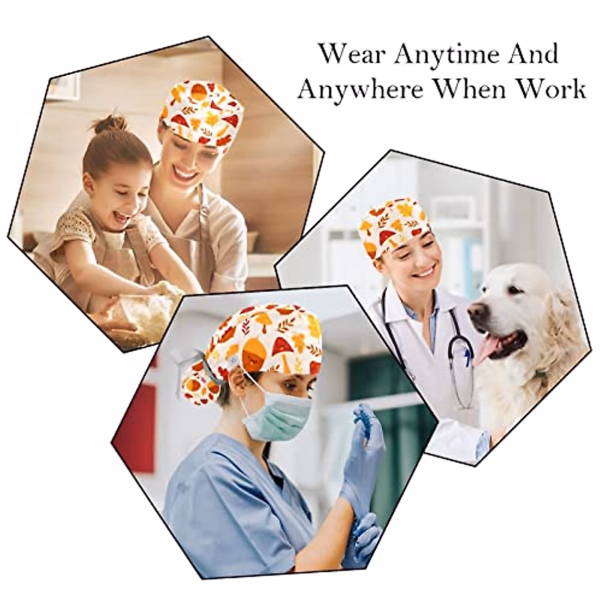 LWSHUNYI 2PCS Working Cap with Button Reusable Surgical Cap Lovely Acorn & Leaves Pattern Tie Back Bouffant Hats for Women Long Hair