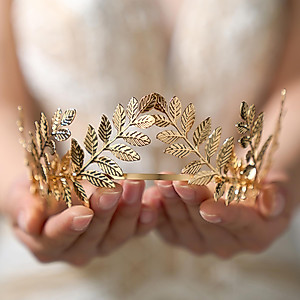 SWEETV Goddess Crown Bridal Headband Leaf Tiara Wedding Headpiece Gold Costume Accessories Greek Bridesmaid Prom Festival Hair Accessories Queen Crown Wedding Hair Piece for Women and Girls