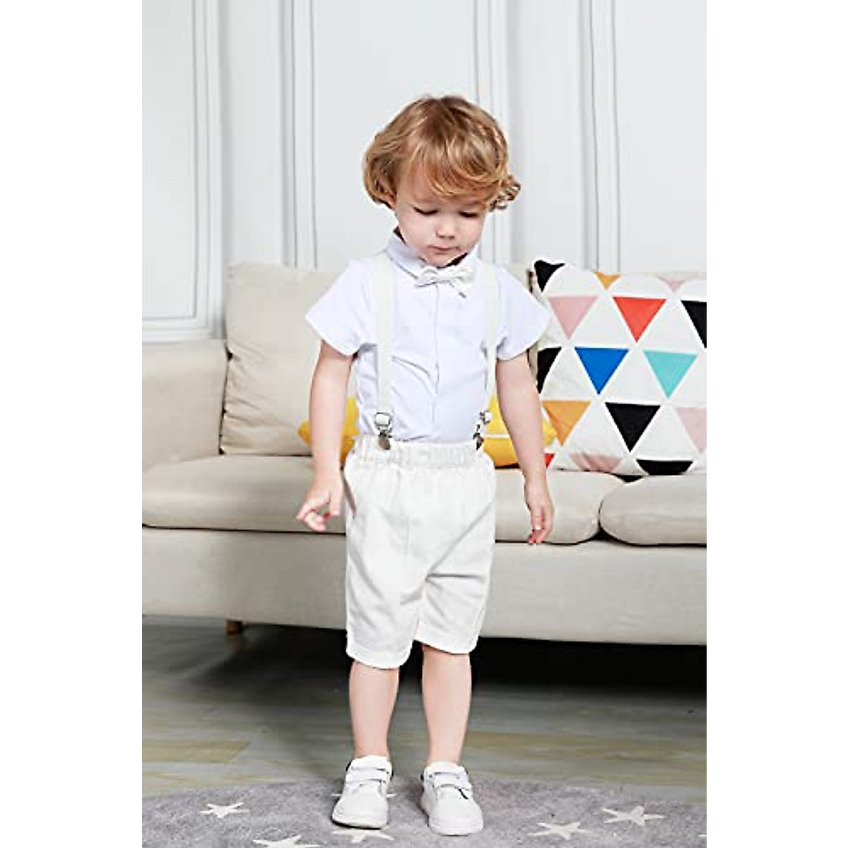 A&J DESIGN Baby Boy Baptism Outfits Toddler Christening Suits Wedding Ring Bearer Formal Suspenders Dress Clothes with Hat Ivory 3T