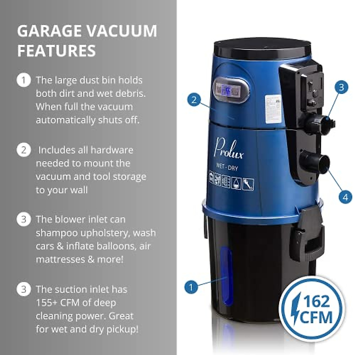 Prolux Professional Shop Blue Wall Mounted Garage Vac Wet Dry Pick Up