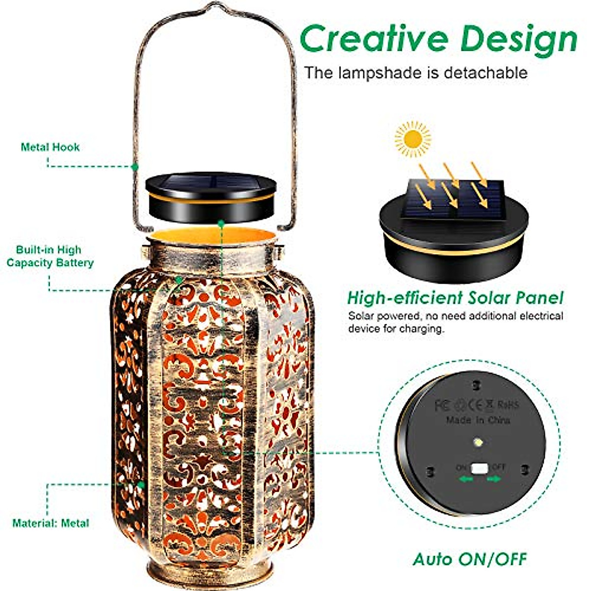 URPOWER Solar Lights Outdoor Metal Solar Lantern Outdoor Hanging Retro Decorative Lanterns with Durable Handle Solar Powered Waterproof LED Table Lanterns Lighting for Yard Tree Fence Patio , 2 Pack