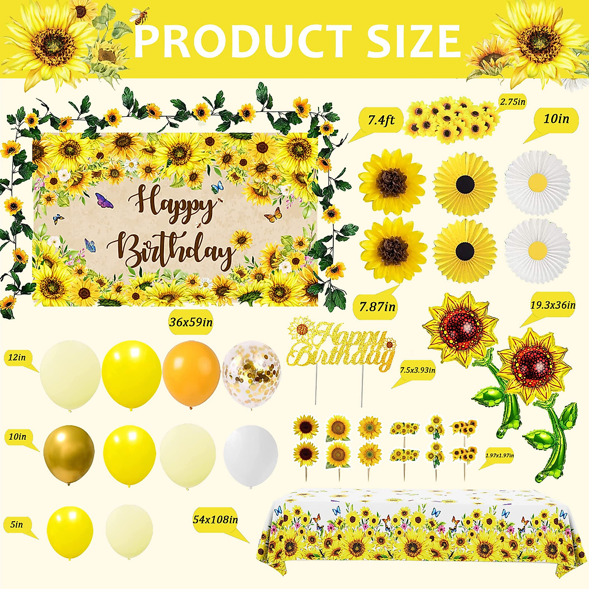 Sunflower Birthday Party Decoration Pack, 111 Pcs Baby Shower Party Supplies Wedding Decors (including Sunflower Backdrop, Tablecloth, Artificial Sunflowers and A Garland, Cake Topper, Balloon