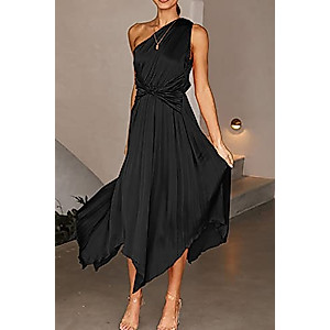 PRETTYGARDEN Women's Summer Long Satin Dress One Shoulder Sleeveless Ruched Twist Flowy Maxi Dresses (Black,Medium)