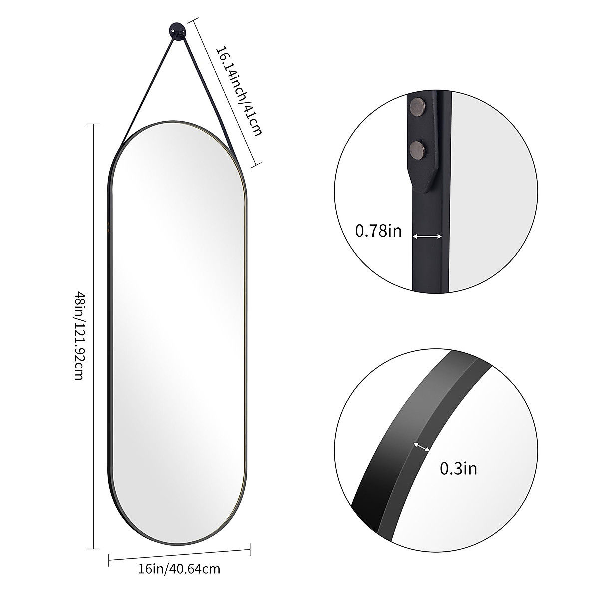 KOCUUY Oval Full Length Mirror with Hanging Leather Strap, 16"x48" Black Metal Frame Hanging Mirror, Full Body Dressing Mirror Wall Door Mirror for Bathroom Vanity Living Room Bedroom Entryway