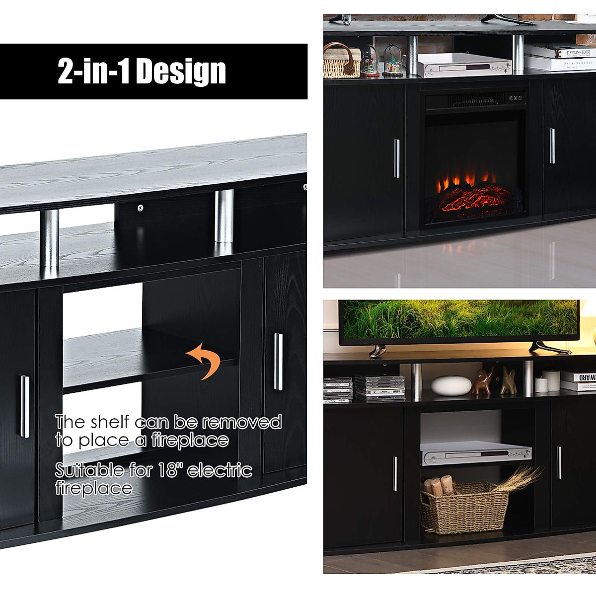 Tangkula Fireplace TV Stand, Modern Media Console Table for TVs up to 70 Inches, Entertainment Center w/ 1400W Fireplace for Living Room, Electric Fireplace Cabinet w/Remote & Adjustable Brightness