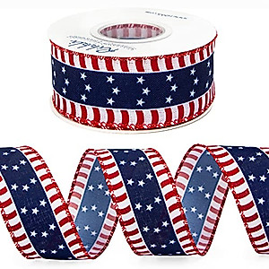 Ribbli 4th of July Patriotic Ribbon,Stars and Stripes Wired Ribbon, 1-1/2 Inch x 10 Yard,Red/White/Navy,Canvas Ribbon for Bow,Wreath,Tree Decoration