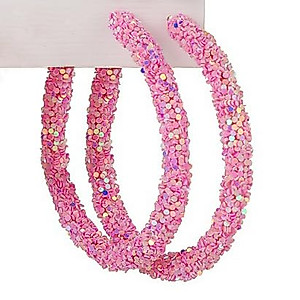 Bohemian Shiny Glitter Sequins Hoop Earrings Wrapped Gold Plated Circle Statement Rhinestone Dangle Drop Earrings for Women Boho Jewelry-pink