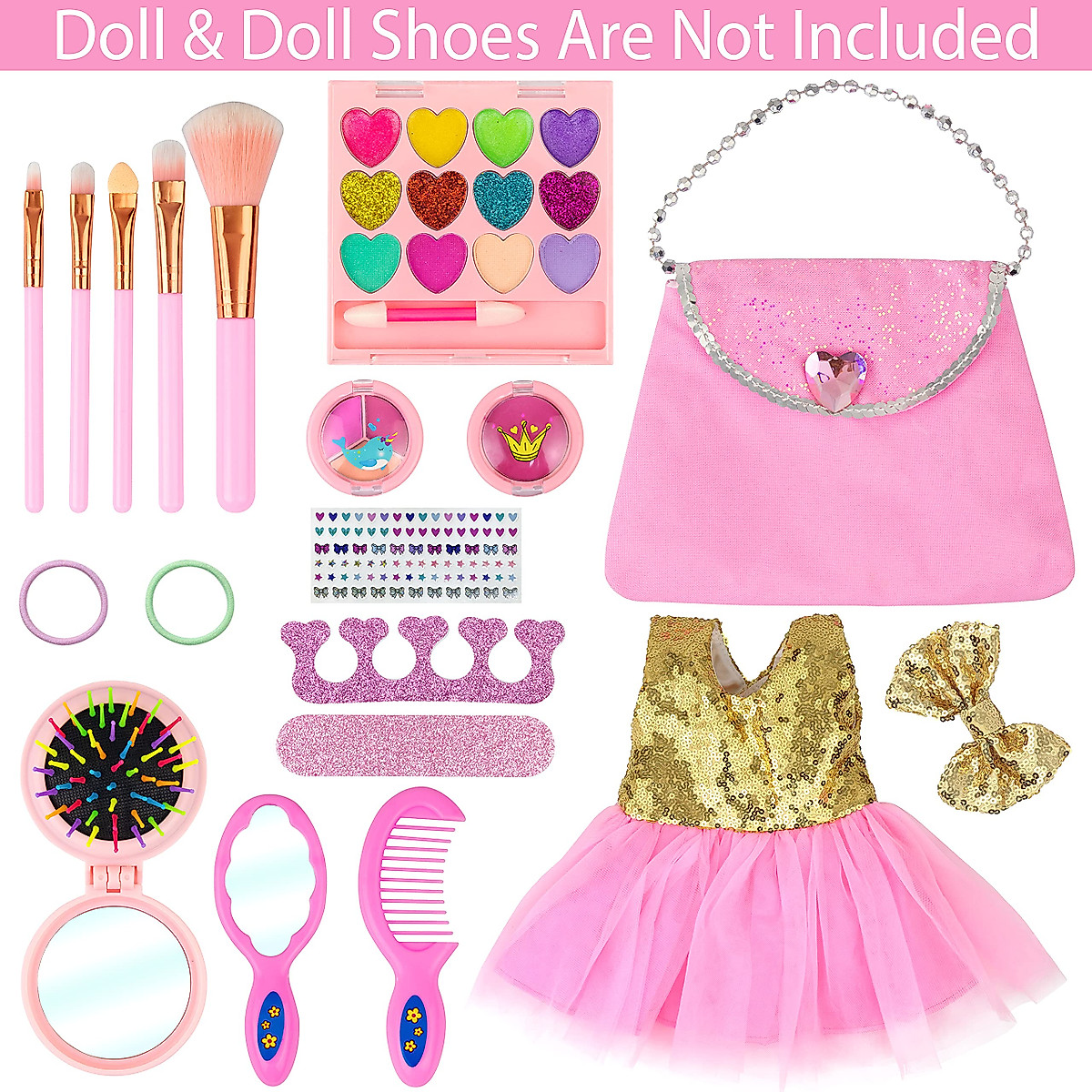 Ecore Fun 19 Pcs American 18 Inch Doll Clothes and Accessories Make Up Sets Includes Doll Dress Cosmetic Bag and Makeup Stuff for 18 Inch Doll Gneration Dolls（No Doll）