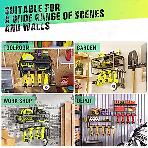 SUNALLY Power Tool Organizer, Heavy Duty Iron, 3 Layers Storage Rack with 4 Drill Holders, Floating Tool Shelf Wall Mounted, Matte Black, Work Shop, Garage, 150Lbs Load Capacity