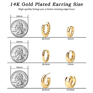 Gold Hoop Earrings Set 14k Real Gold Plated Huggie Earrings Hypoallergenic Chunky Twisted Thick Jewelry for Multiple Piercing for Women (gold hoop style01)