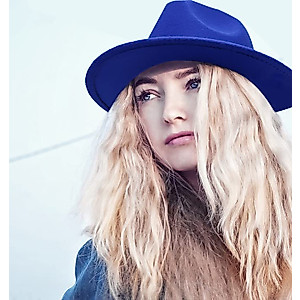 Qkrlamx Black Fedora Hats for Women Wool Panama Hat with Pearl Band Wide Brim Felt Hat Classic Trilby Hat Blue