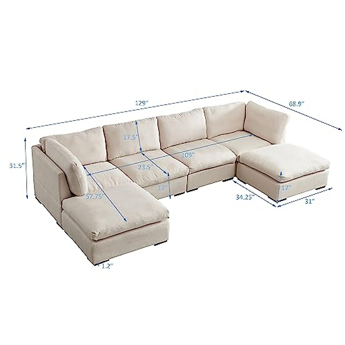 YUNLife&Home Free Combination Modular Sectional Sofa with Reversible Chaise,Down Filled Upholstered U-Shaped 6-Seat Corner Couch w/Moveable Ottoman,Comfy Oversized Sofá for Living Room