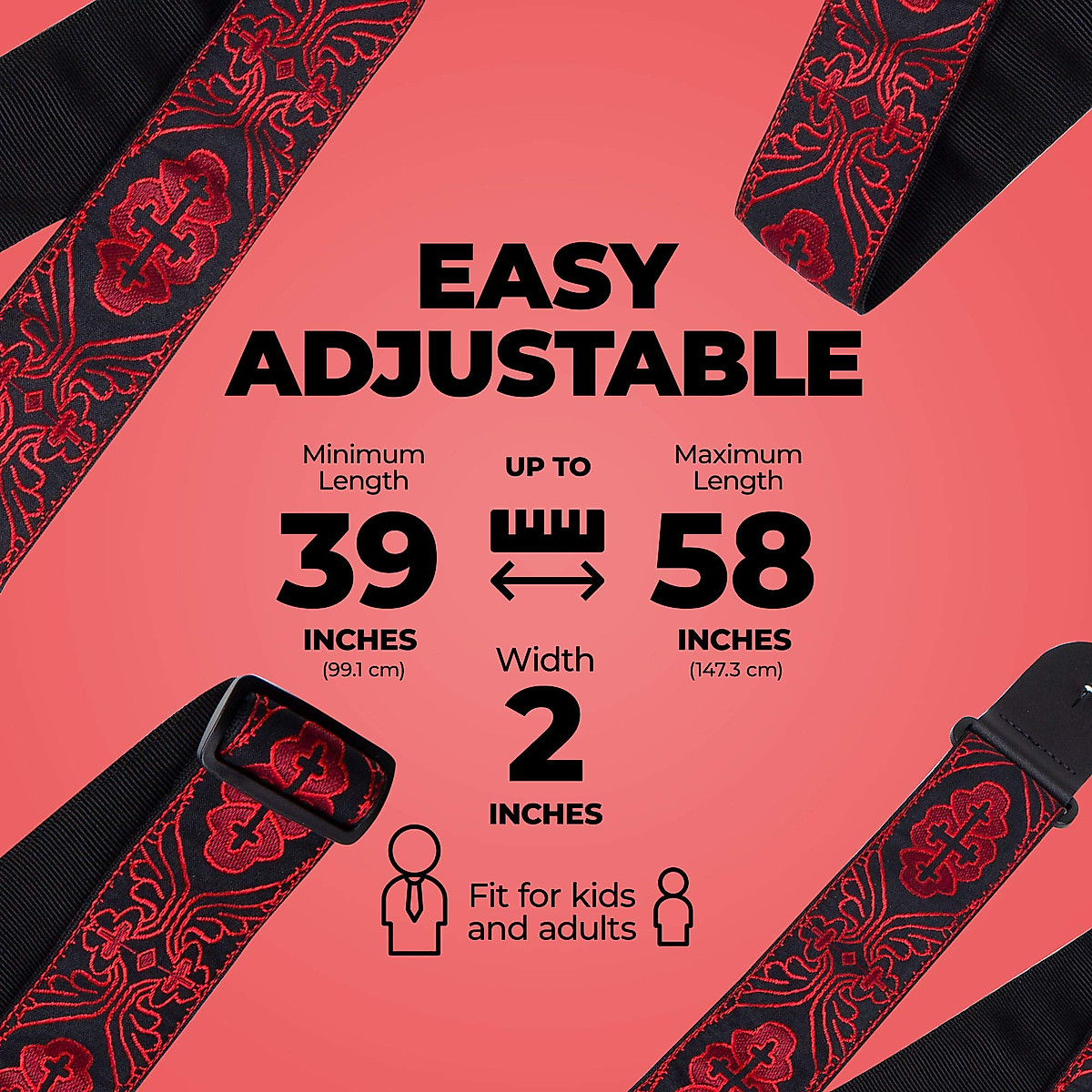 Perris Leather Guitar Strap - Red Crosses Jacquard Ribbon Guitar Strap, with Leather Ends - Electric/Acoustic/Bass Guitar Strap - Adjustable Strap From 39″ to 58″ - Red/Black (TWS-7071)