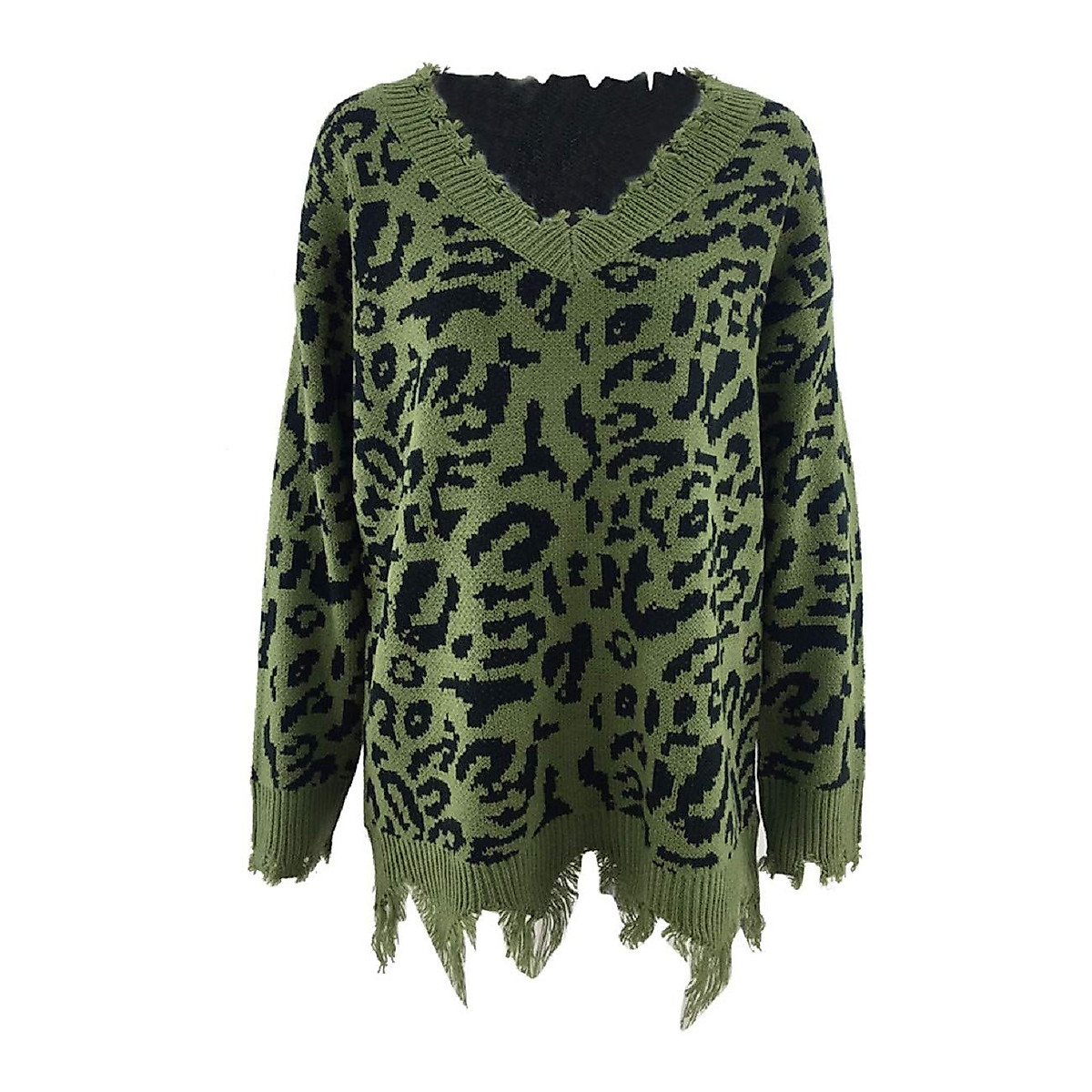 FAPIZI Women's Fashion Leopard Print Off Shoulder Ripped Sweater V Neck Long Sleeve Distressed Knit Pullover Jumper Tops