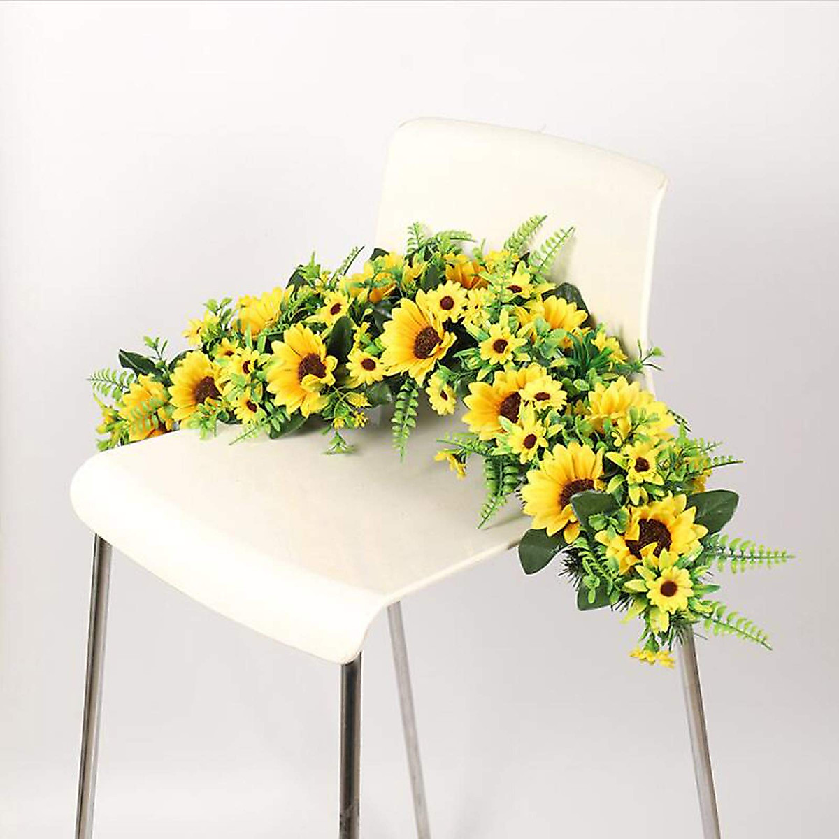 MGQ Artificial Sunflower Swag,27.6 Inch Rustic Artificial Floral Swag Decorative Swag with Sunflowers Green Leaves,Wedding Arch Flowers,Handmade Garland,Front Door Hanging Wreath for Home Garden Decor
