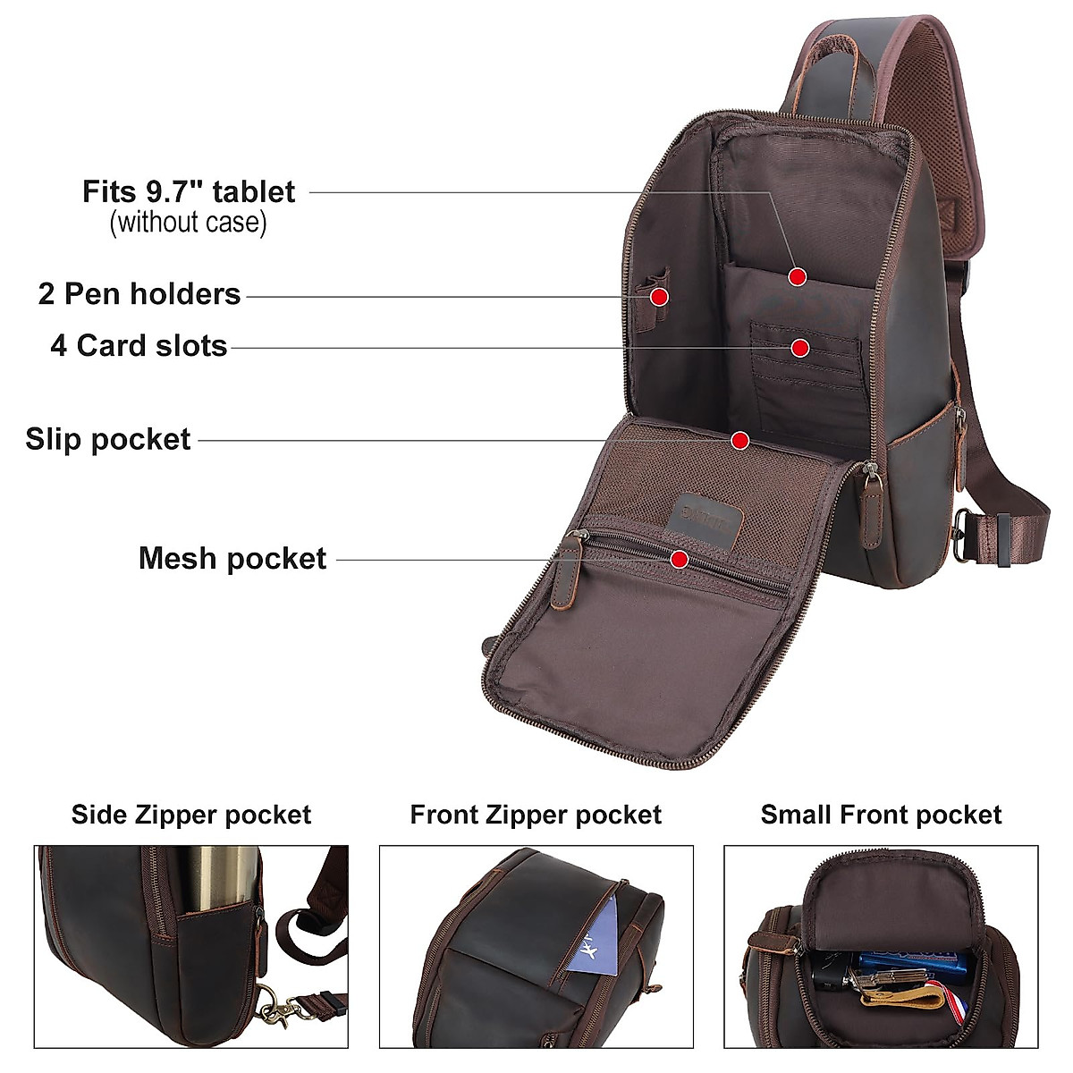 TIDING Full Grain Leather Sling Bag For Men Outdoor Travel Shoulder Chest Daypack Fits 10.5" iPad