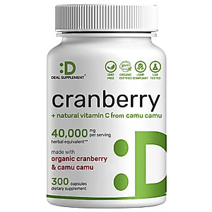 Cranberry Pills 40,000mg Per Serving with Camu Camu, 300* Capsules – Made with Organic Ingredients – Natural Vitamin C – 4X Strength Urinary Tract Health Supplement – No Sugar, No GMOs
