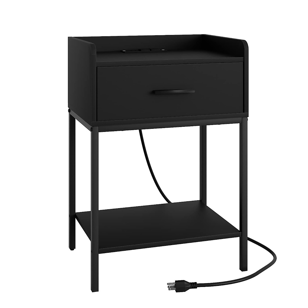Masupu Nightstand with Charging Station,3-Tier Modern Bedside Night Stand with Storage Drawer and Shelf,Small End Side Table for Bedroom,Living Room,Black