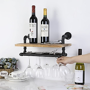MyGift Industrial Black Metal Wine Glass Holder Wall Mount Rack with Display Shelf, Decorative Bar Stemware Hanger with Burnt Wood Floating Shelf - Holds 6 Glasses