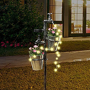 MorTime Solar Faucet Garden Stake with Two Planters, LED Lights Flowing Water Retro Metal Faucet Yard Stake Outdoor Plant Holder Flower Pots for Lawn Garden Decorations