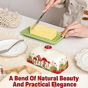 Fungi Fun Mushroom Butter Dish With Lid For Countertop Ceramic Butterdish, Red Mushroom Butter Container, Butter Tray Large Butter Dish Covered (White, Standard)