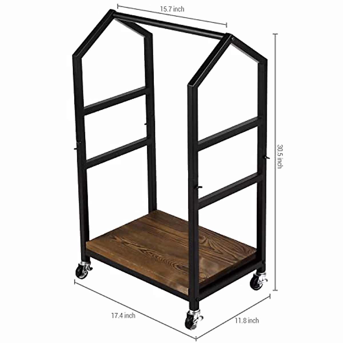 MyGift 30 Inch Industrial Firewood Cart in Rustic Burnt Wood and Black Metal Cottage Frame - Indoor Rolling Fire Log Lumber Holder Storage Rack Trolley