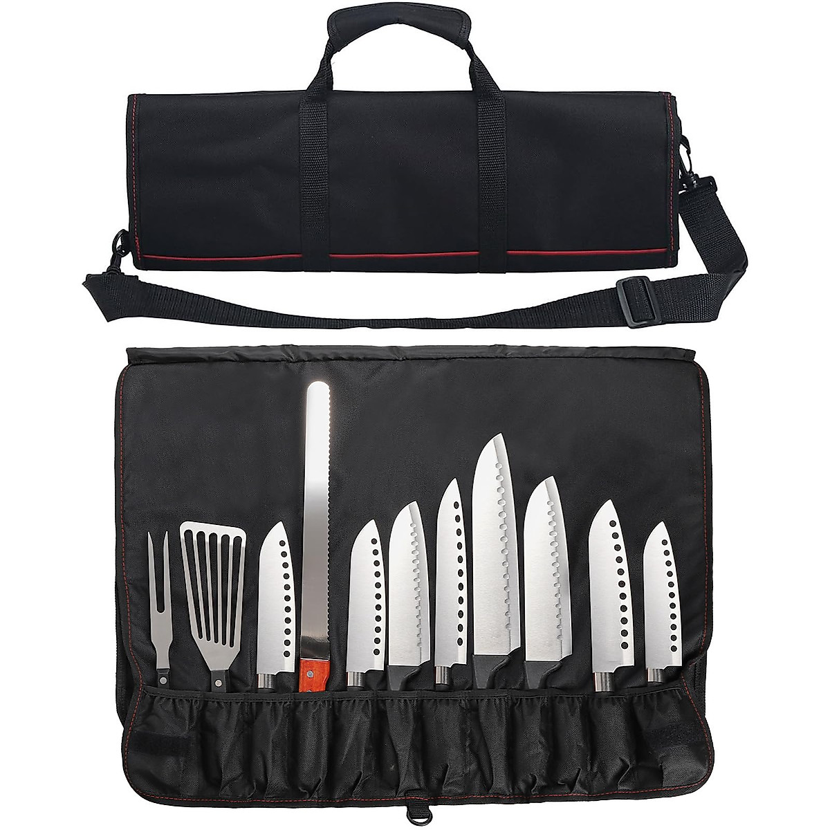Tosnail Chef Knife Case Roll Bag with 21 Slots & 1 Large Zipper Pocket, Easy Carry Handle and Shoulder Strap - Black