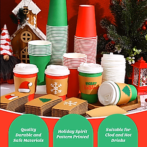 Ziliny 200 Pack 12 oz Christmas Cups with Lids and Coffee Cup Sleeves Red Green Disposable Christmas Paper Coffee Cups for Beverage Chocolate Tea Cocoa Xmas Holiday Table Decorations Party Favors