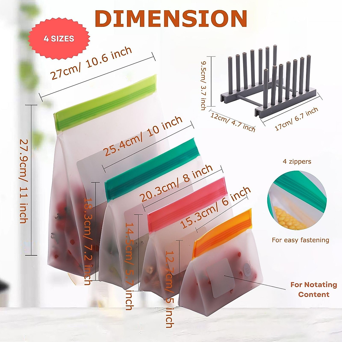 Reusable Silicone Food Storage Bags – 21-Pack Stand-Up, BPA-Free, Freezer, Dishwasher Safe & Eco-Friendly – 4 Gal, 6 L, 7 M, 3 S + Rack – Airtight Leakproof, Organization and Storage Bags (Multicolor)