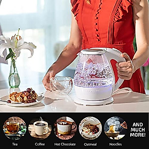 OVENTE Lighted Electric Glass Kettle 1.5 Liter with Blue LED Light and Stainless Steel Lid, Fast Heating Countertop Tea Maker Hot Water Boiler with Auto Shut-Off & Boil Dry Protection, White KG845W