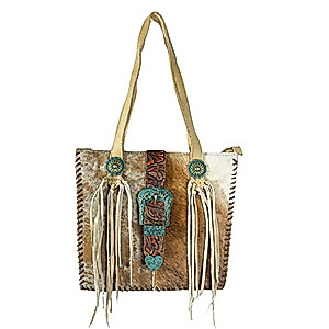 Urbalabs Western Cowhair Concealed Carry Shoulder Bag Buckle Fringe Purse Genuine Leather Handmade Stitched Handbag (Light Brown)