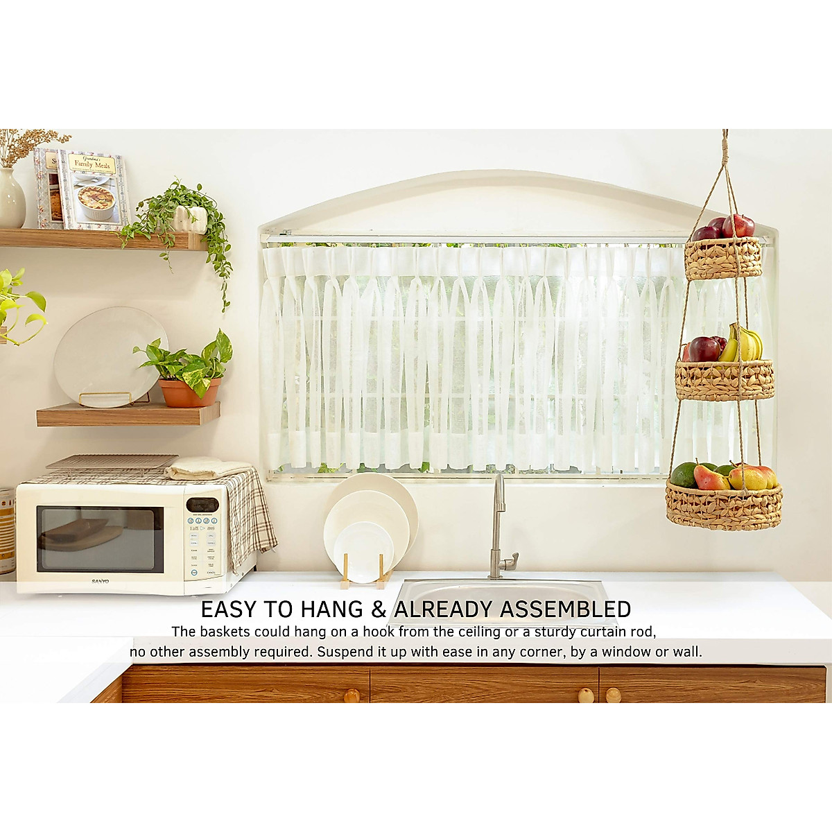 Hanging Fruit Basket 3 Tier for Kitchen, Handmade Natural Rattan Handwoven Wicker Seagrass Woven Wall Baskets Vegetable Organizer Produce Fruit Holder Counter Space Saver Storage Boho Hanging Planter