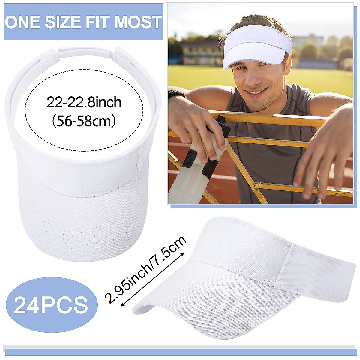 24 Pieces Visors Bulk for Women Men Adjustable Sun Visor Hats UV Protection Sport Visors(White)