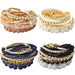 MILACOLATO 2-4 Sets Stackable Bracelets for Women Multilayer Beaded Bracelets Stretch Bangles Bohemian Style (4 Set Bracelets)