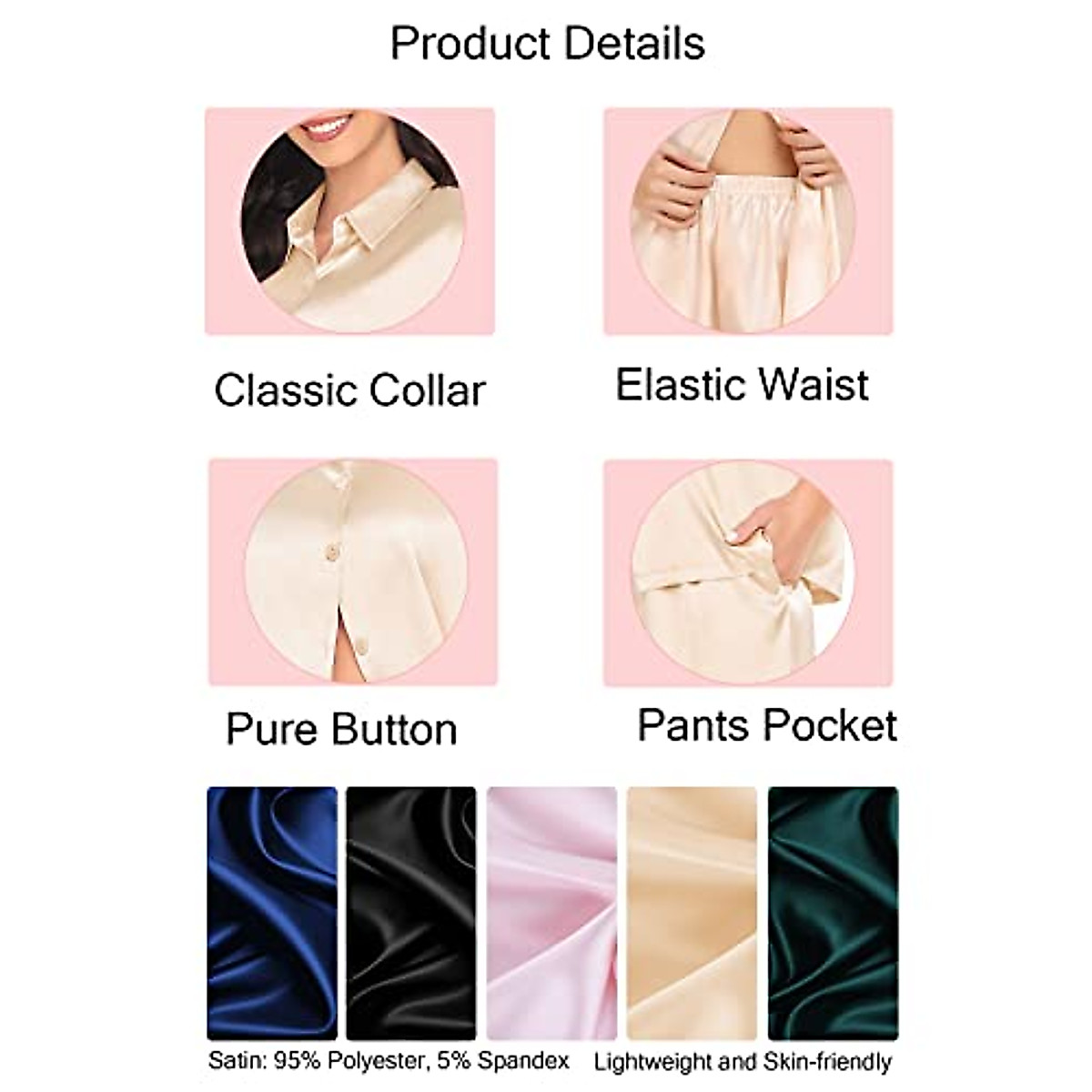SWOMOG Silk Pajama Set for Womens Solid Satin Loungewear Short Sleeve Pj Set Button Down 2 Pcs Nightwear with Pants with Pockets Champagne