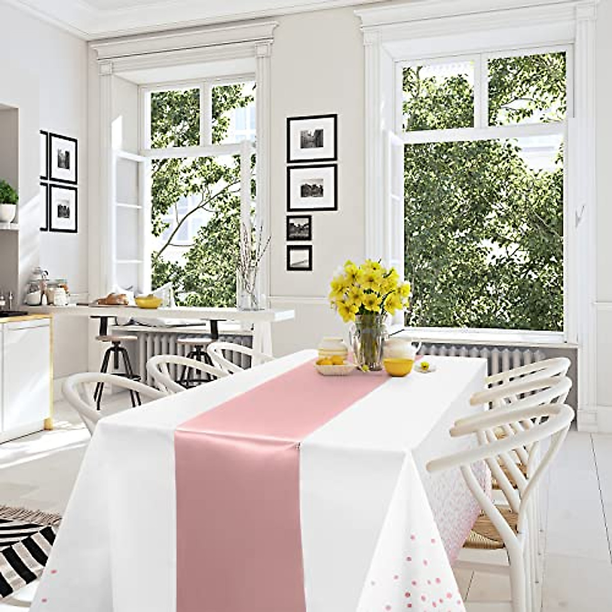 8Pack Disposable Plastic Tablecloths and Satin Table Runner Set White and Rose Gold Dot Tablecloth Rose Gold Satin Table Runner for Wedding Birthday Anniversary Christmas New Year Party Decorations