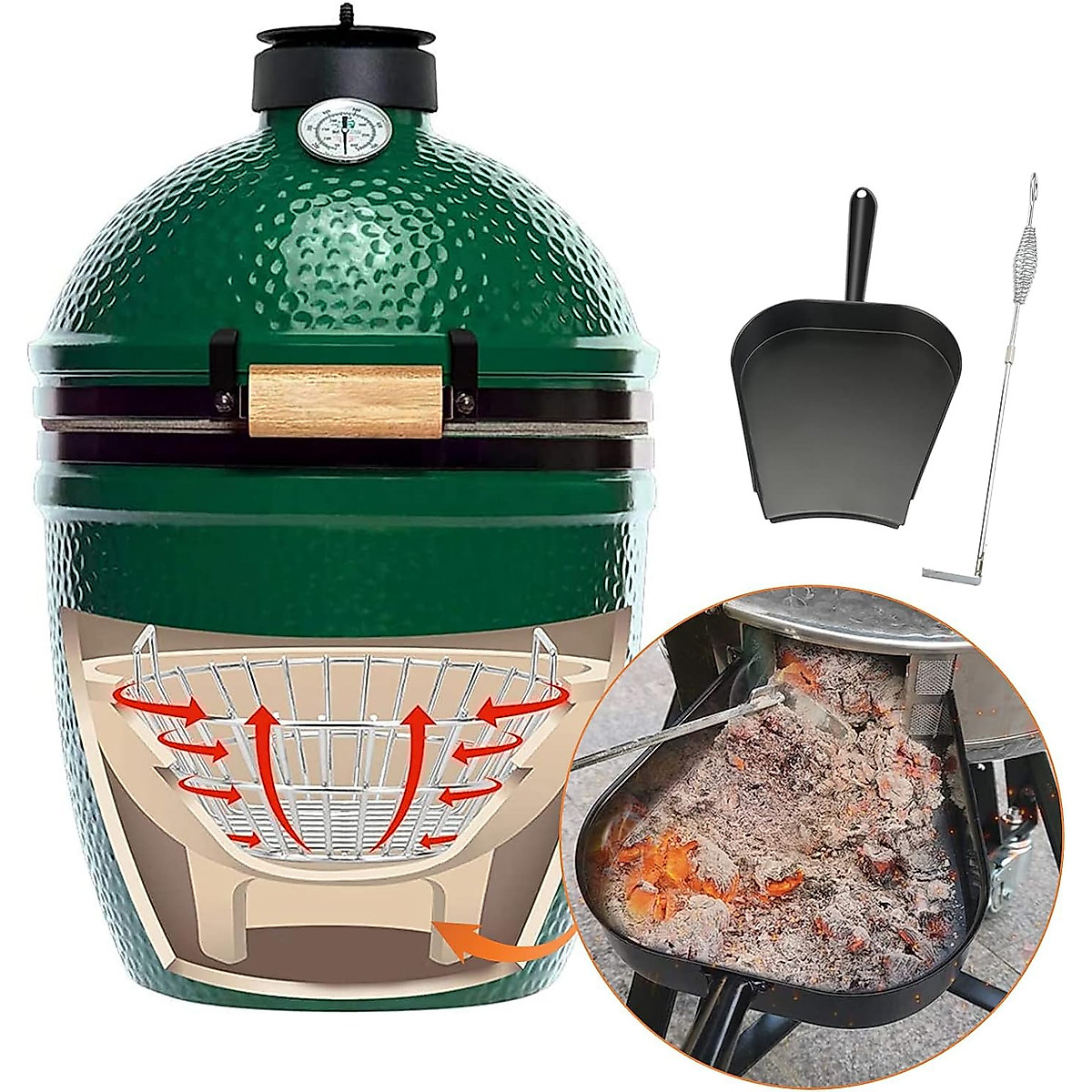 Unidanho Ash Pan and Charcoal Basket Kit for Big Green Egg, 14 Inches Stainless Steel Charcoal Basket & Stainless Steel Ash Tool Kit for Big Green Egg Large, Charcoal Smoker Wood Burning Stove